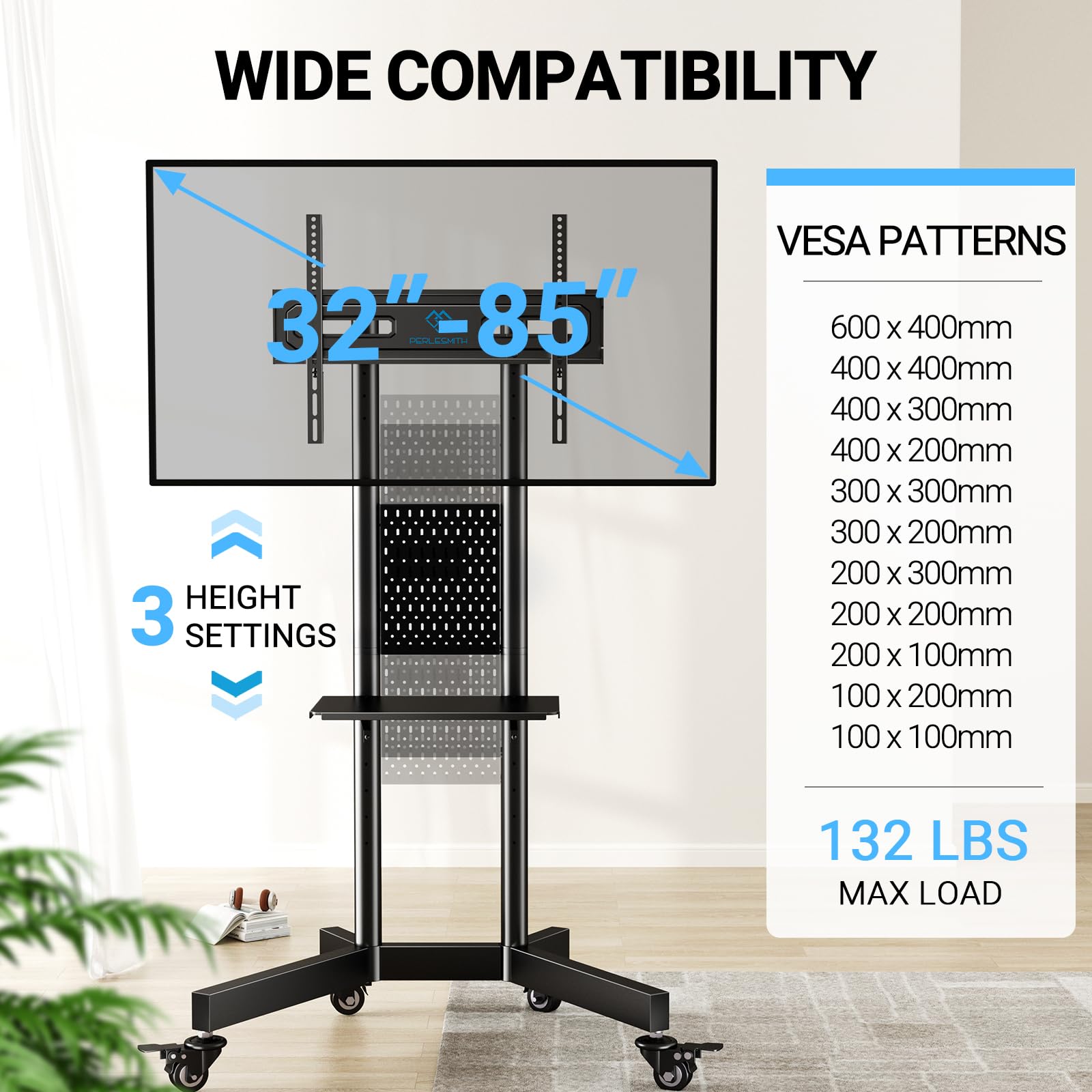 Mobile TV Cart with Wheels for 32-85 Inch Flat Curved Screen TVs- UL Certificated Height Adjustable Rolling TV Stand Hold Up to 132 lbs- Trolley Floor Stand with Tray Max VESA 600x400mm PSTVMC01