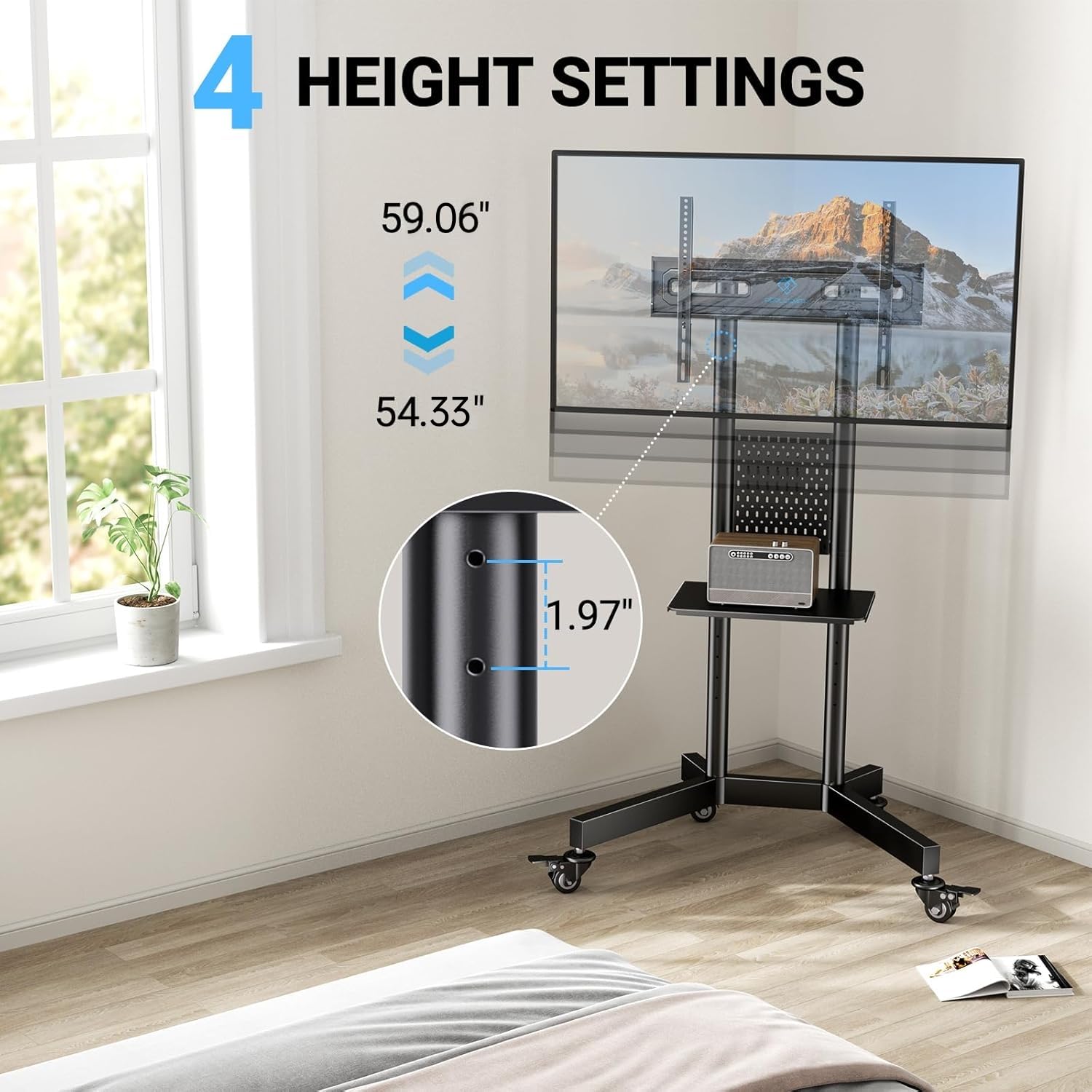 Mobile TV Cart with Wheels for 32-85 Inch Flat Curved Screen TVs- UL Certificated Height Adjustable Rolling TV Stand Hold Up to 132 lbs- Trolley Floor Stand with Tray Max VESA 600x400mm PSTVMC01