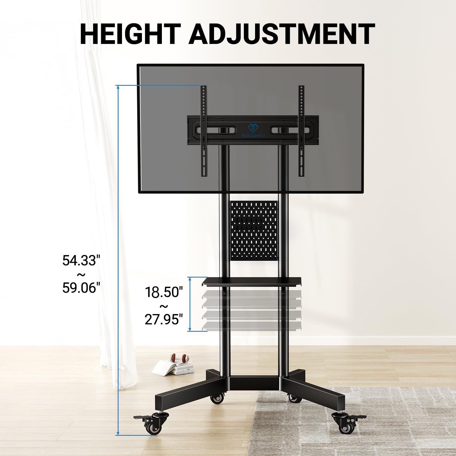Mobile TV Cart with Wheels for 32-85 Inch Flat Curved Screen TVs- UL Certificated Height Adjustable Rolling TV Stand Hold Up to 132 lbs- Trolley Floor Stand with Tray Max VESA 600x400mm PSTVMC01