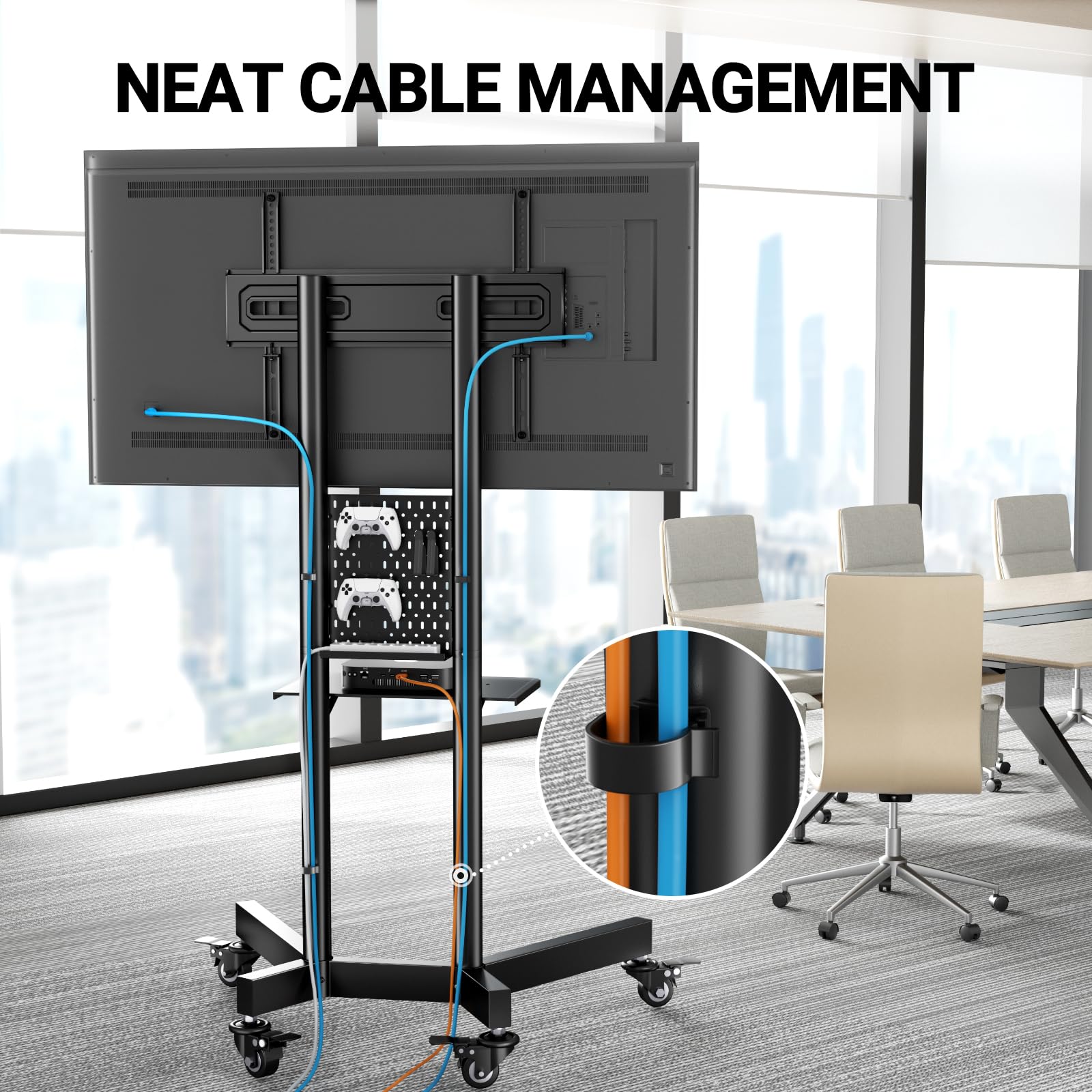 Mobile TV Cart with Wheels for 32-85 Inch Flat Curved Screen TVs- UL Certificated Height Adjustable Rolling TV Stand Hold Up to 132 lbs- Trolley Floor Stand with Tray Max VESA 600x400mm PSTVMC01