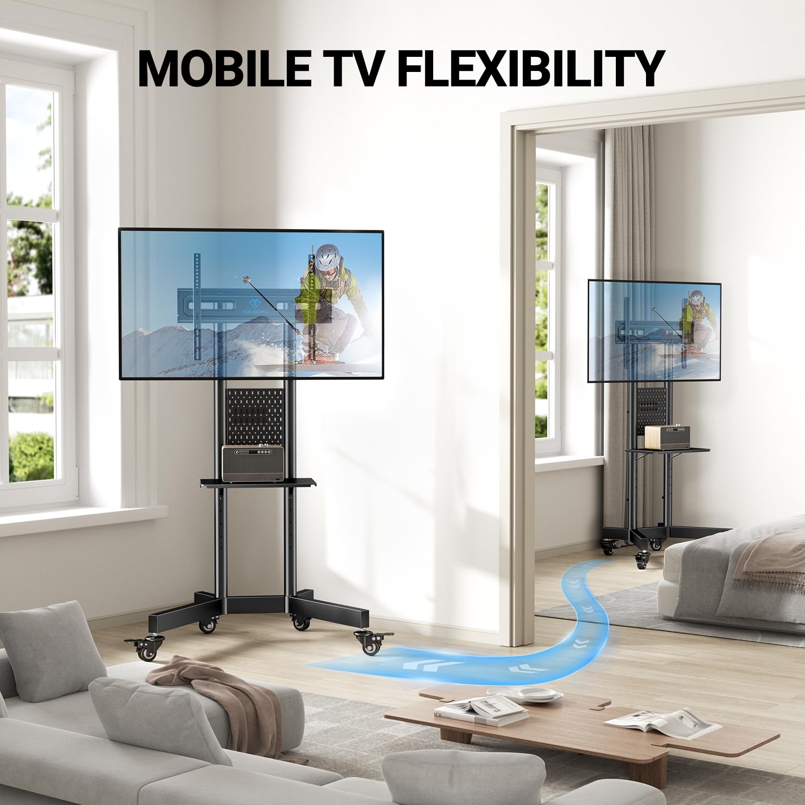 Mobile TV Cart with Wheels for 32-85 Inch Flat Curved Screen TVs- UL Certificated Height Adjustable Rolling TV Stand Hold Up to 132 lbs- Trolley Floor Stand with Tray Max VESA 600x400mm PSTVMC01