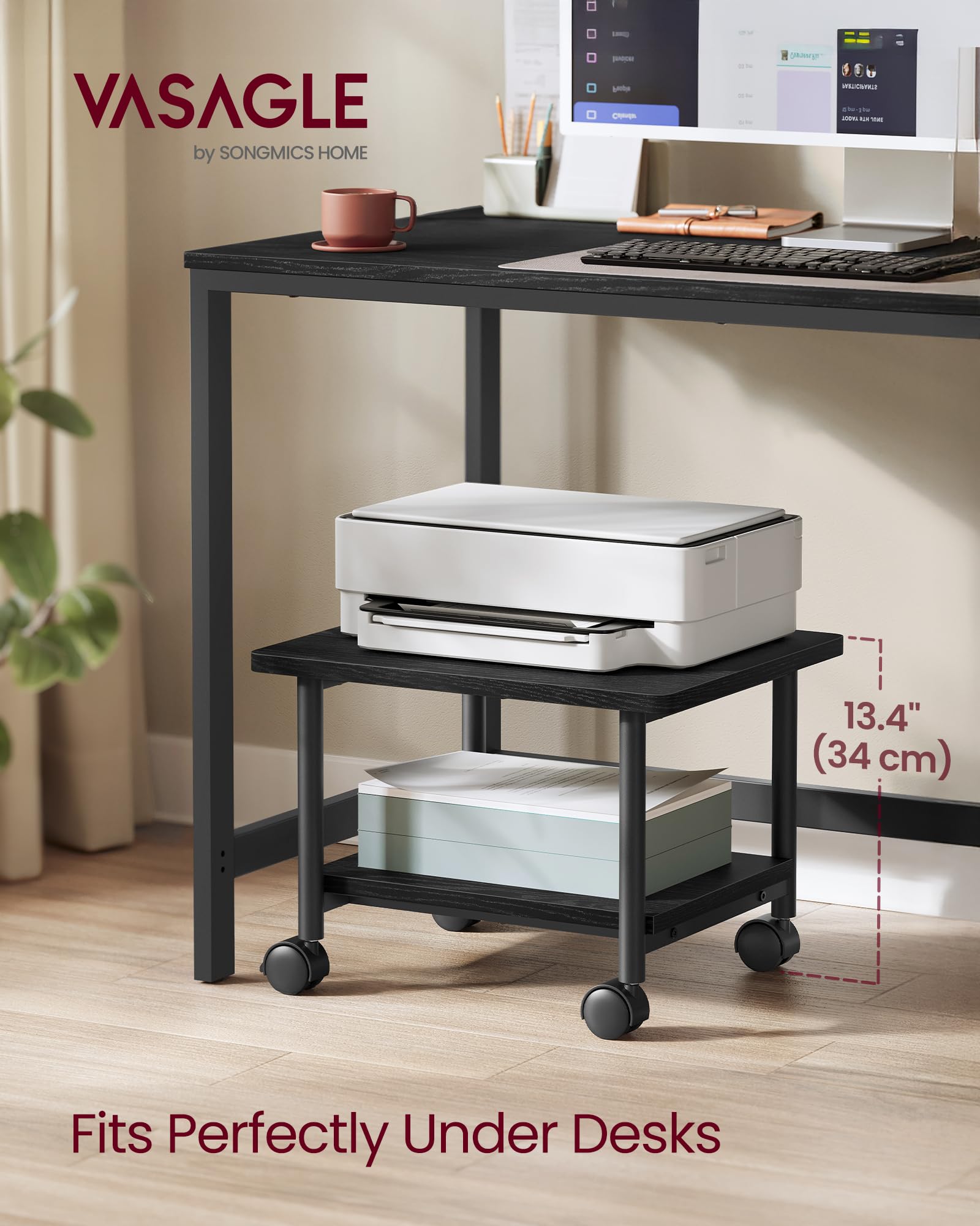 VASAGLE Industrial Under Desk Printer Stand, 2-Tier Mobile Machine Cart with Shelf, Heavy Duty Storage Rack for Office and Home, Black UOPS02B