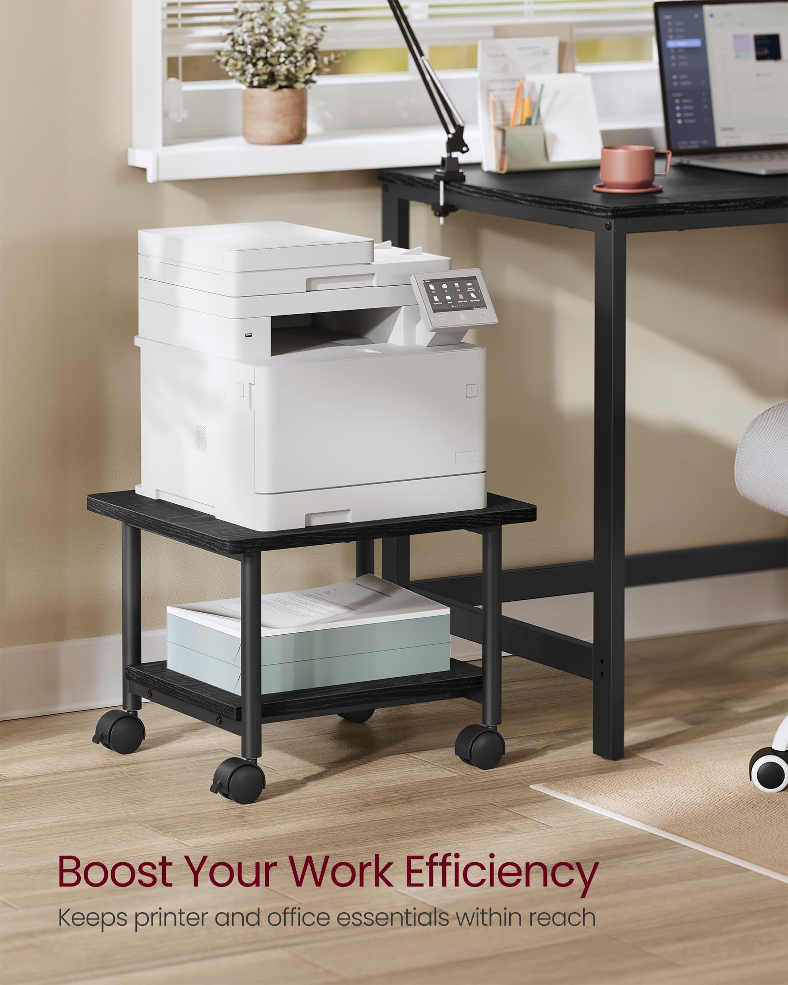 VASAGLE Industrial Under Desk Printer Stand, 2-Tier Mobile Machine Cart with Shelf, Heavy Duty Storage Rack for Office and Home, Black UOPS02B