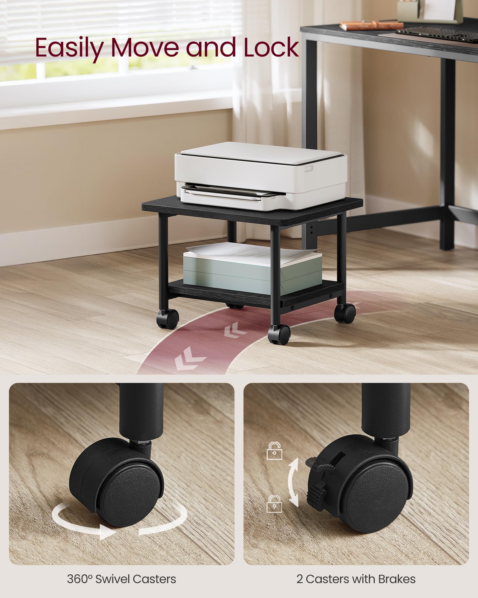 VASAGLE Industrial Under Desk Printer Stand, 2-Tier Mobile Machine Cart with Shelf, Heavy Duty Storage Rack for Office and Home, Black UOPS02B