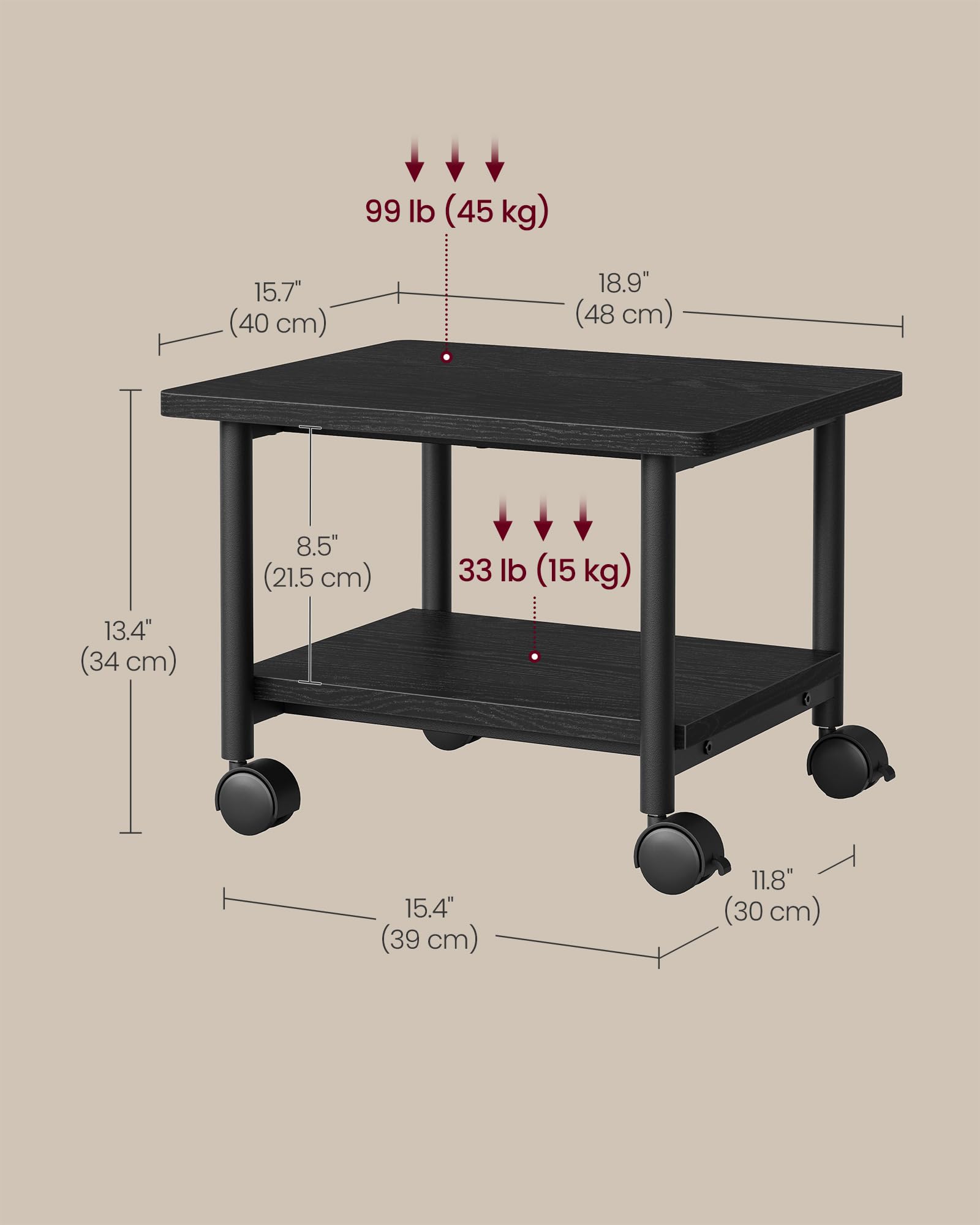 VASAGLE Industrial Under Desk Printer Stand, 2-Tier Mobile Machine Cart with Shelf, Heavy Duty Storage Rack for Office and Home, Black UOPS02B