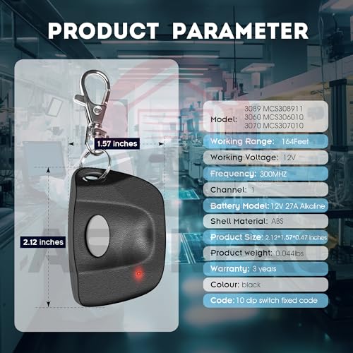 1 for Multicode Gate Opener Remote 3089 MCS308911,3060 MCS306010,3070 MCS307010 Garage Door Opener 3-Years-Warranty