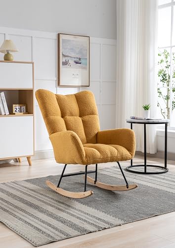 Tiophome Rocking Nursery, Upholstered Glider Rocker Accent Chairs Padded Seat with High Backrest, Comfy Side Armchair for Nursing, Living Room, Bedroom, Office,Teddy Velvet, Turmeric, Extra Large