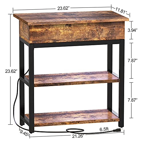 FABATO End Table with Charging Station Nightstands with Storage Shelves Flip Top&USB Ports Narrow Sofa Side Table for Small Spaces with Metal Frame Living Room Bedroom, Rustic Brown