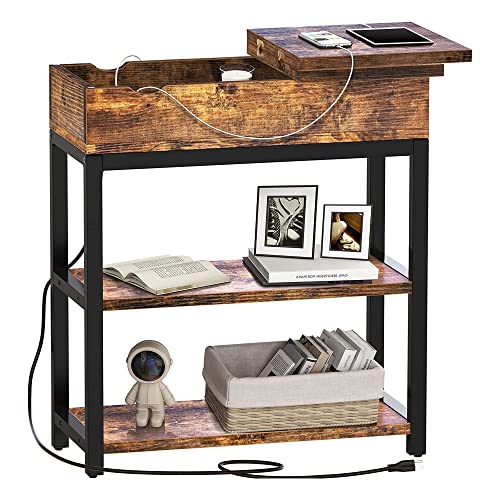 FABATO End Table with Charging Station Nightstands with Storage Shelves Flip Top&USB Ports Narrow Sofa Side Table for Small Spaces with Metal Frame Living Room Bedroom, Rustic Brown