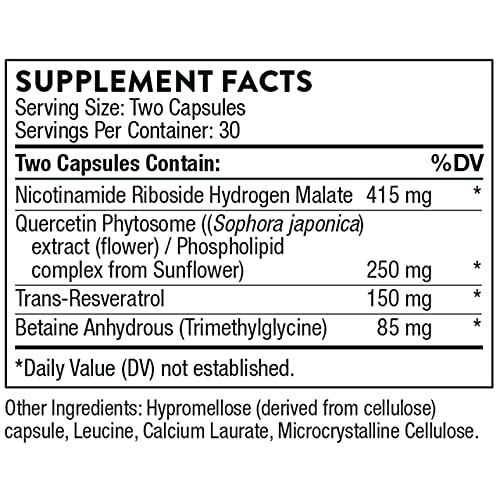 Thorne ResveraCel - Nicotinamide Riboside with Quercetin Phytosome and Resveratrol - Support Healthy Aging, Methylation and Cellular Energy Production - 60 Capsules - 30 Servings