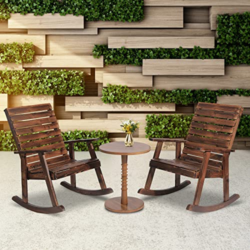 FURNDOOR 3 Piece Patio Rocking Bistro Set, Wood Rocking Chair Set with Coffee Table Wooden Rocker for Deck, Garden, Backyard, Porch