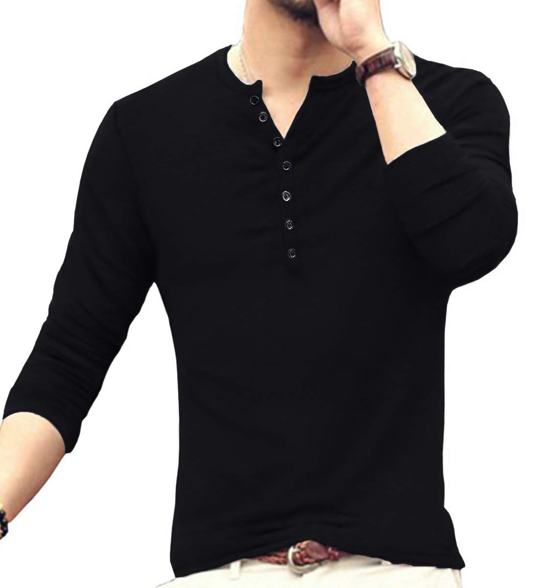 YTD Mens Casual Slim Fit Basic Henley Long Sleeve Fashion T-Shirt XL Black