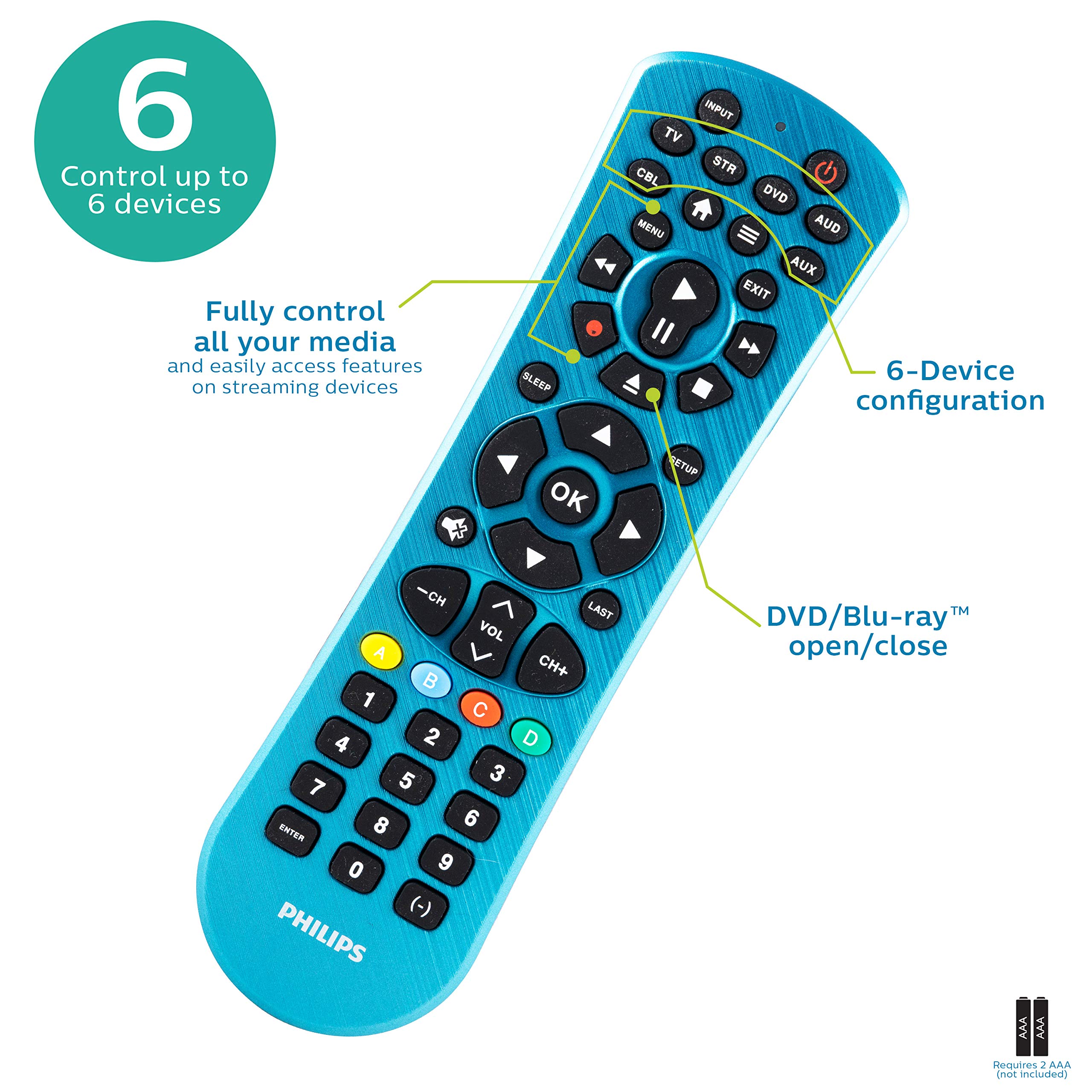 Philips Universal Remote Control, Universal TV Remote Replacement, Samsung TV Remote Control Universal, for Roku Remote Replacement, Vizio, LG, Sony, Apple TV, Smart TVs, 6 Device, Blue, SRP6249B/27