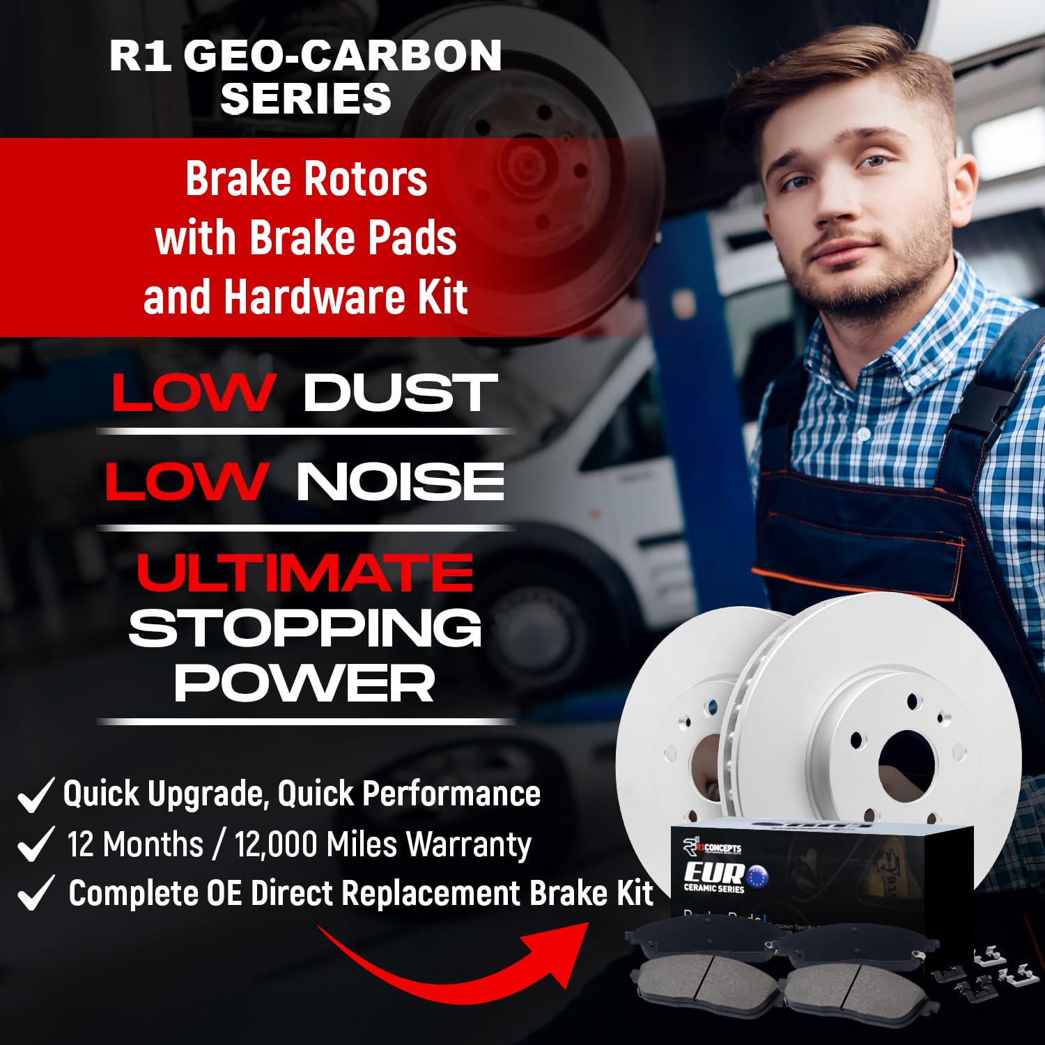 R1 Concepts Rear Brakes and Rotors Kit |Rear Brake Pads| Brake Rotors and Pads| Euro Ceramic Brake Pads and Rotors| Hardware Kit WDTH1-67011