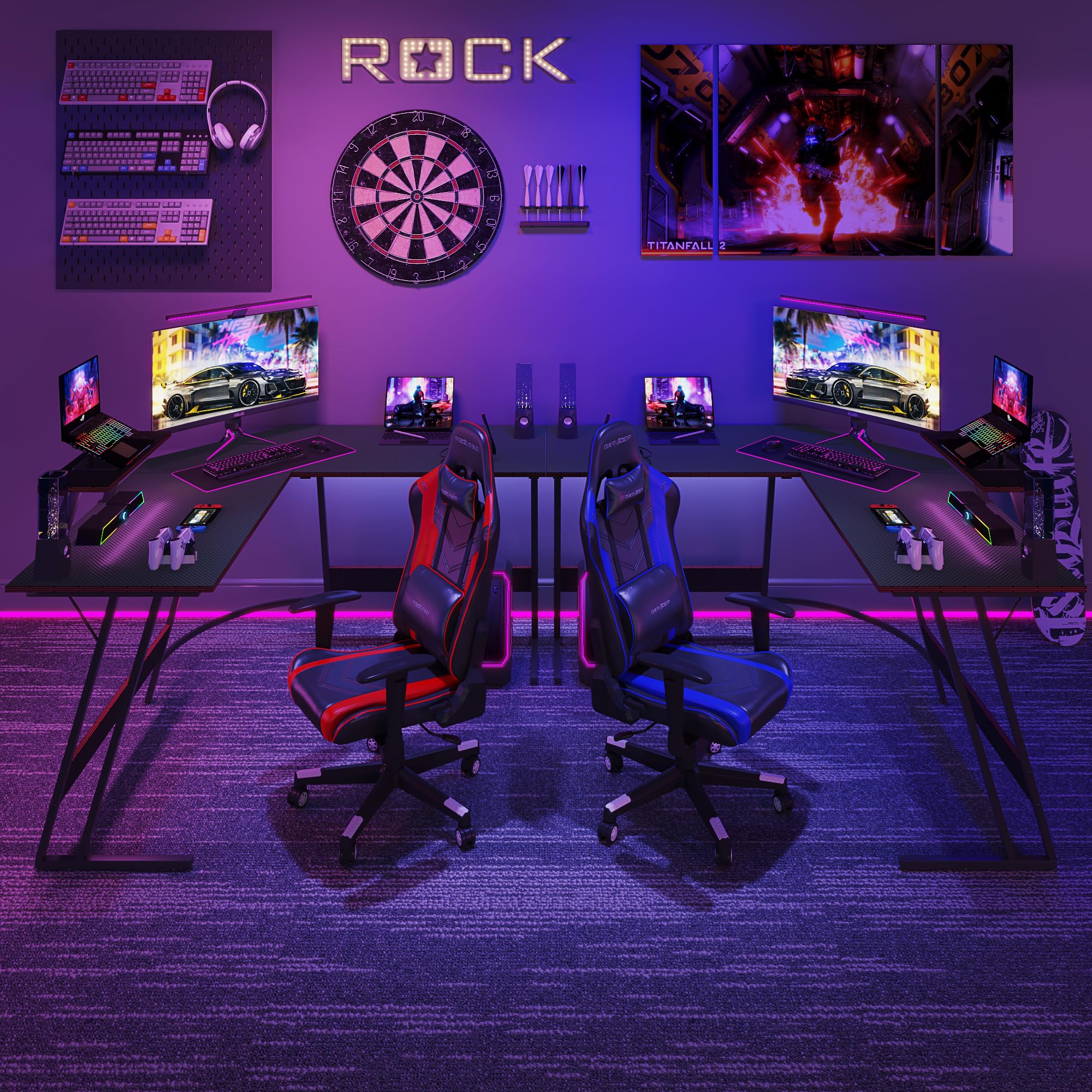 GUNJI 51” Gaming Desk L-Shaped Computer Corner Desk Modern PC Game Table with Monitor Stand for Home Office Sturdy Writing Workstation (Black)