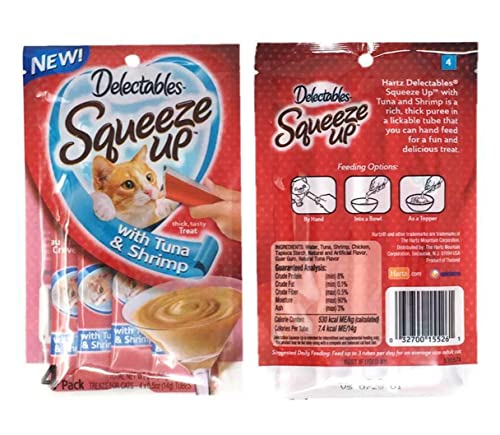 Delectables Squeeze Up Hartz Cat Treats Variety Pack Bundle of 3 Flavors (Tuna, Chicken, Tuna & Shrimp; 2.0 oz Each)