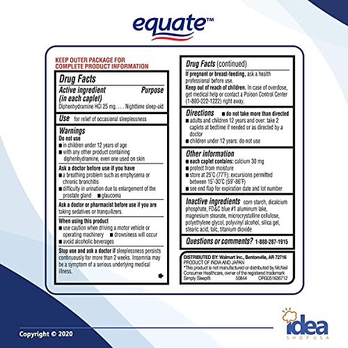 Equate Nighttime Sleep Aid Diphenhydramine HCl Caplets, 25 mg, 100 Ct Bundle with Exclusive "Have a Great Sleep" - Better Idea Guide (2 Items)