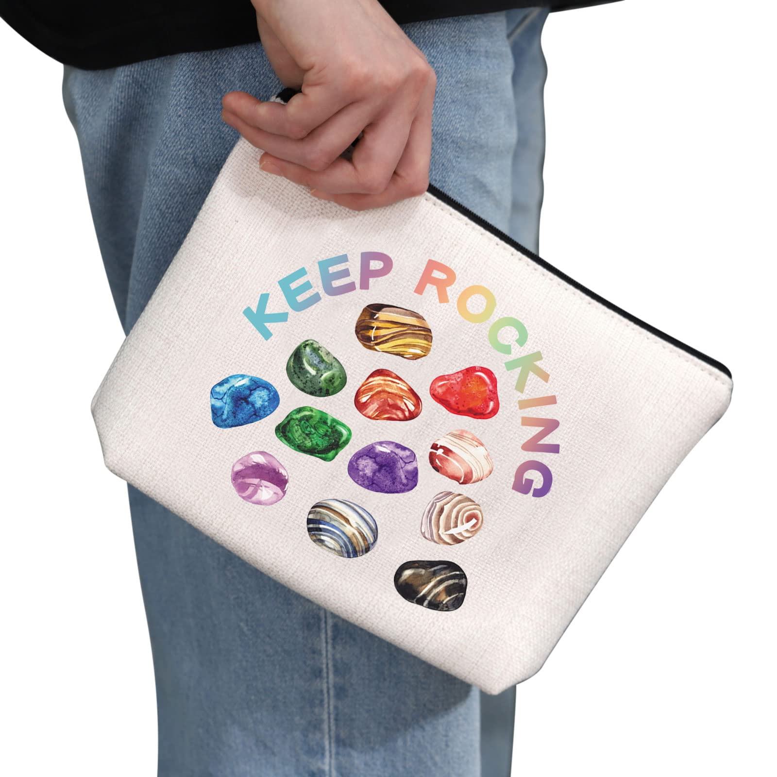 G2TUP Geologist Gift Keep Rocking Makeup Bag Geology Cosmetic Bag Rock Mineral Collector Gift Geology Lover Gift Zipper Travel Bag (Keep Rocking White Bag)