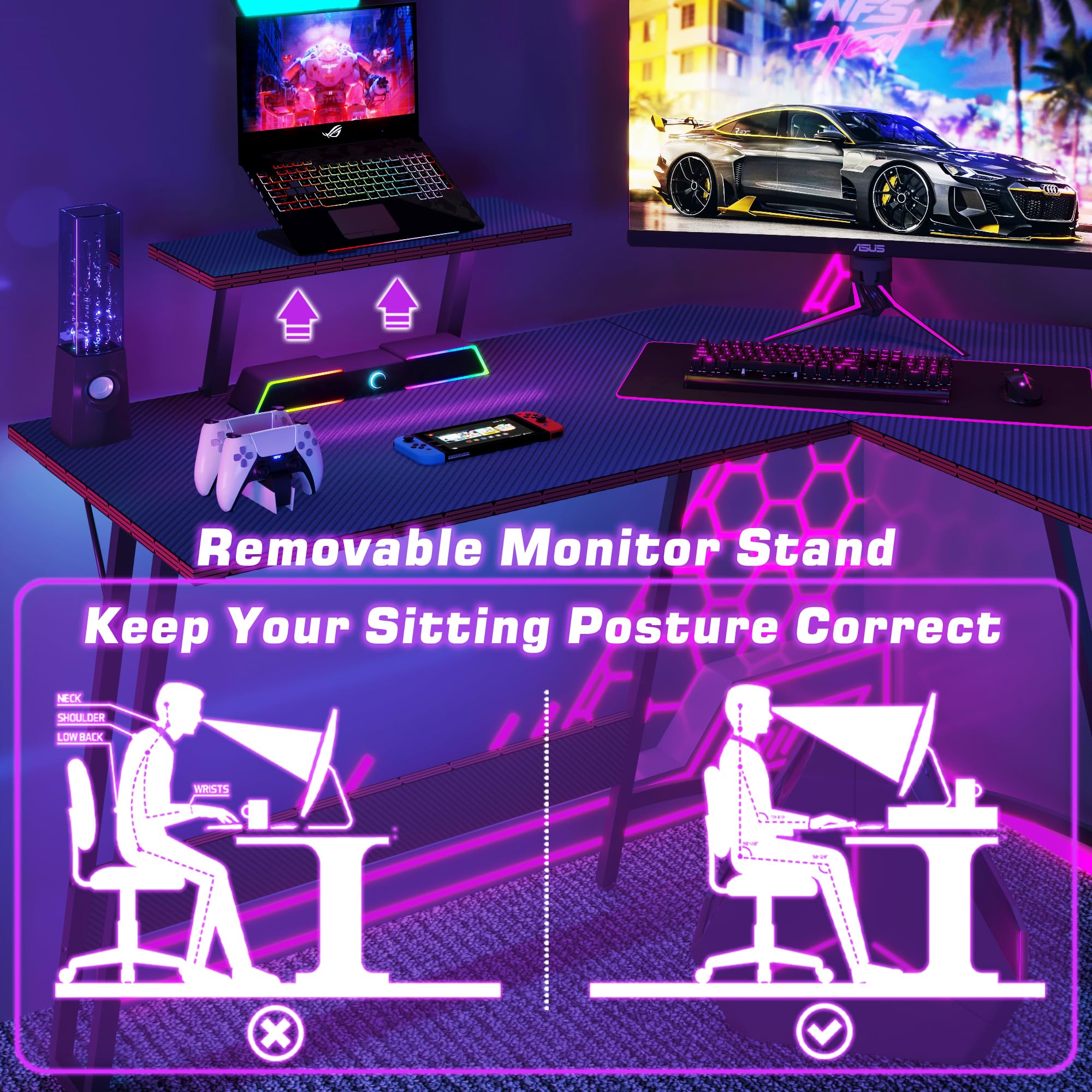 GUNJI 51” Gaming Desk L-Shaped Computer Corner Desk Modern PC Game Table with Monitor Stand for Home Office Sturdy Writing Workstation (Black)