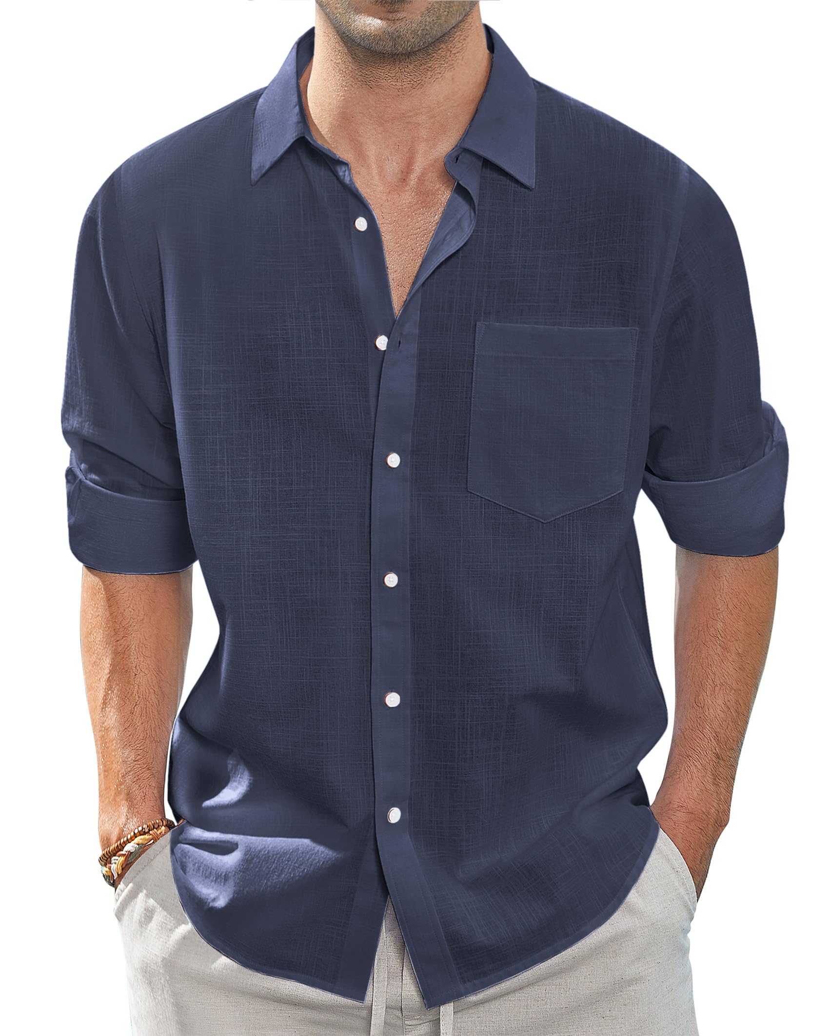 J.VER Men's Casual Button Up Linen Shirts Solid Long Sleeve Work Shirt Loose Fit Vacation Shirts with Pocket Navy Blue X-Large