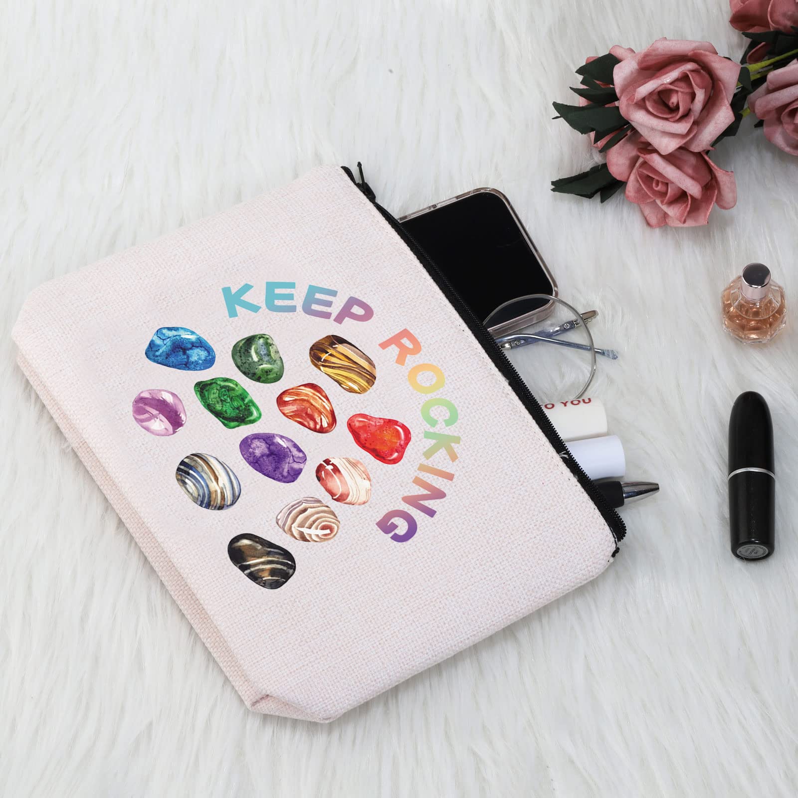 G2TUP Geologist Gift Keep Rocking Makeup Bag Geology Cosmetic Bag Rock Mineral Collector Gift Geology Lover Gift Zipper Travel Bag (Keep Rocking White Bag)