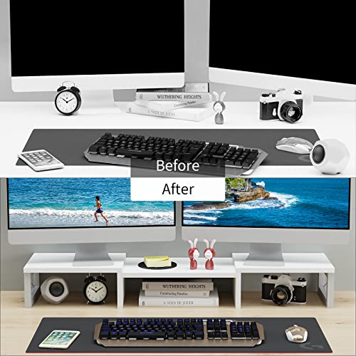 Giikin Dual Monitor Stand Riser - Office Desktop Organizer, Angle & Length Adjustable, 3 Shelf, Multifunctional Stand for Computer, Laptop, PC, TV (White)