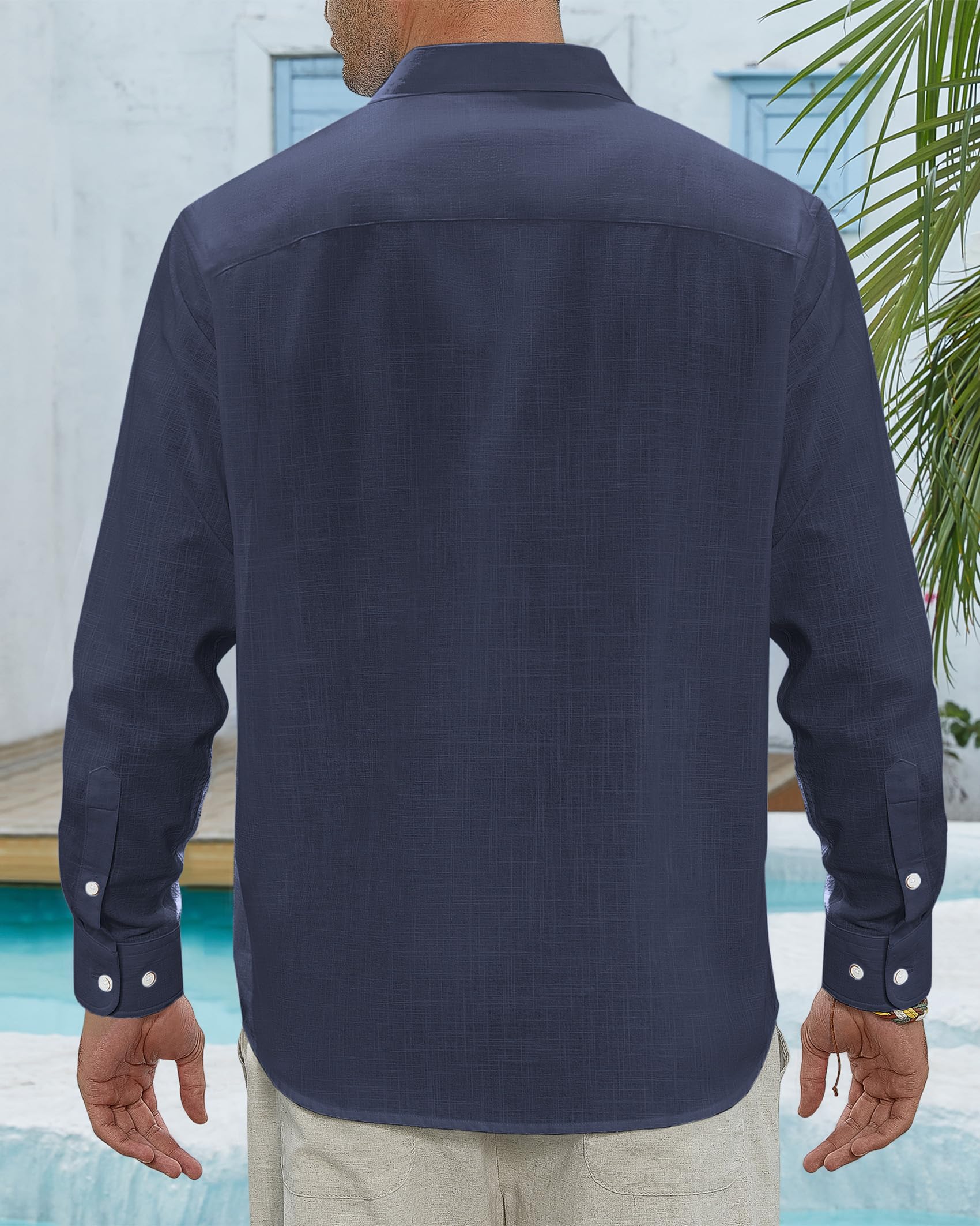 J.VER Men's Casual Button Up Linen Shirts Solid Long Sleeve Work Shirt Loose Fit Vacation Shirts with Pocket Navy Blue X-Large