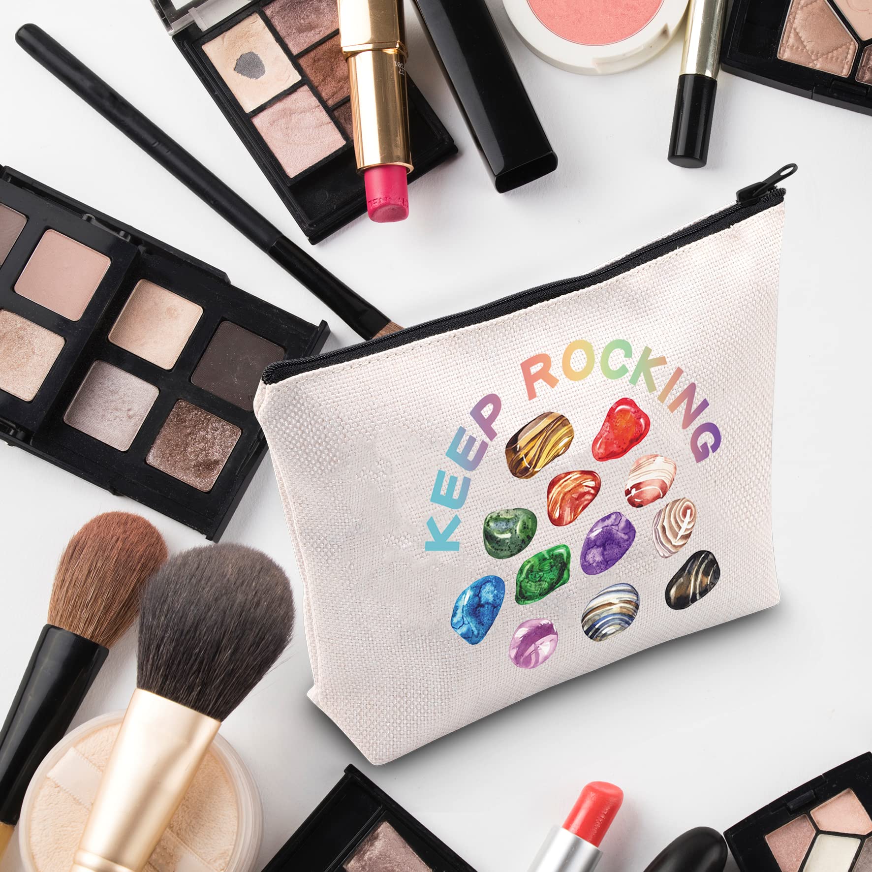 G2TUP Geologist Gift Keep Rocking Makeup Bag Geology Cosmetic Bag Rock Mineral Collector Gift Geology Lover Gift Zipper Travel Bag (Keep Rocking White Bag)