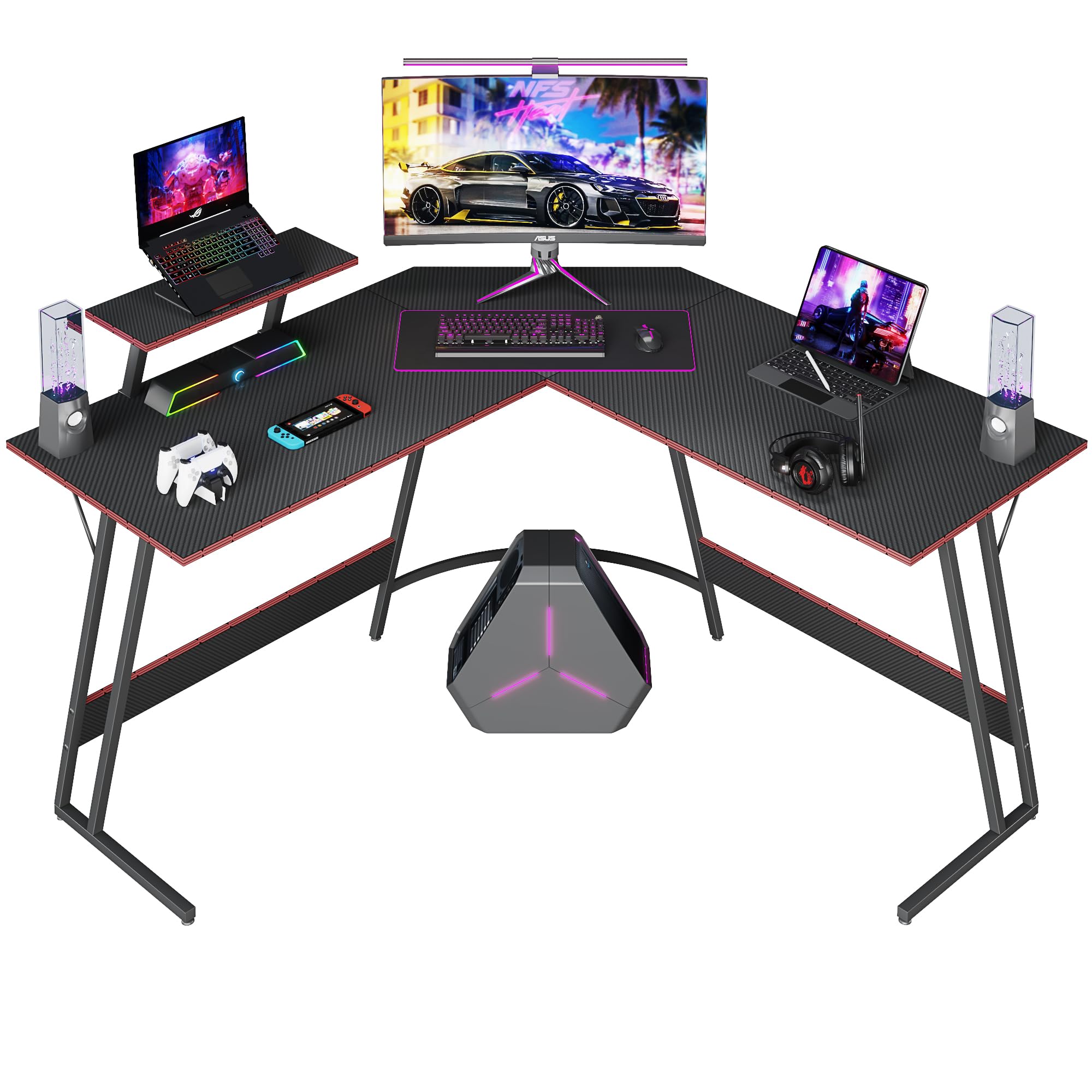 GUNJI 51” Gaming Desk L-Shaped Computer Corner Desk Modern PC Game Table with Monitor Stand for Home Office Sturdy Writing Workstation (Black)