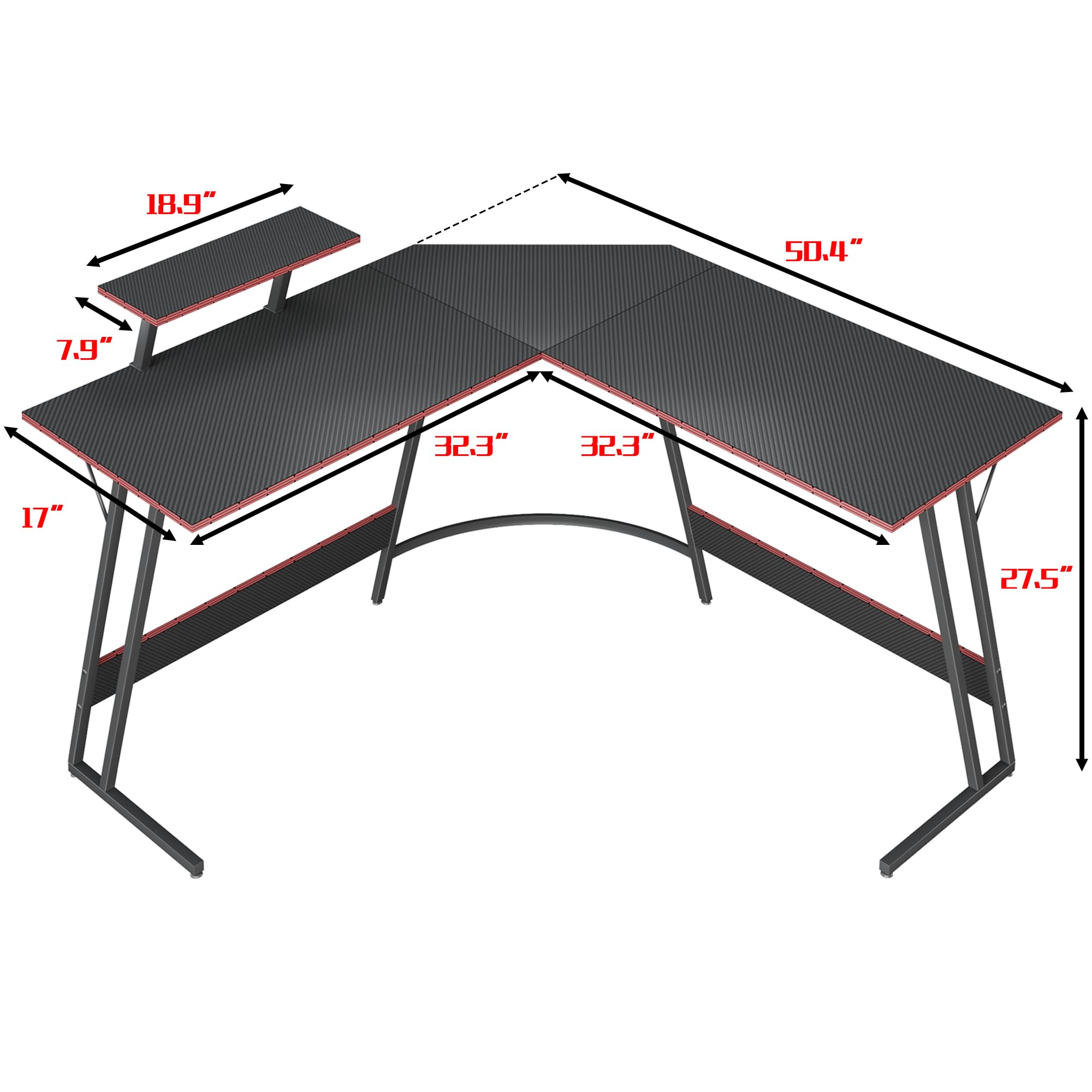 GUNJI 51” Gaming Desk L-Shaped Computer Corner Desk Modern PC Game Table with Monitor Stand for Home Office Sturdy Writing Workstation (Black)