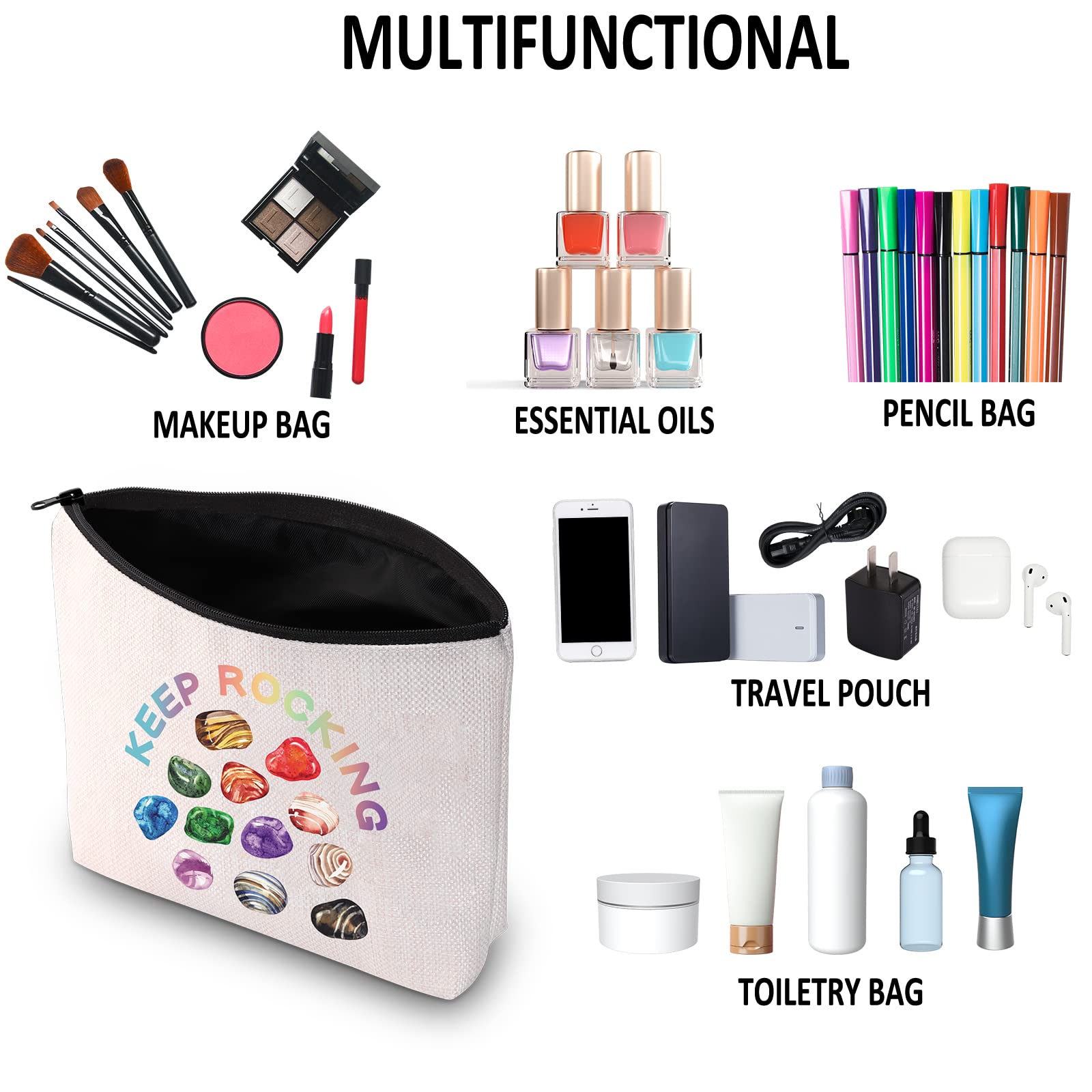 G2TUP Geologist Gift Keep Rocking Makeup Bag Geology Cosmetic Bag Rock Mineral Collector Gift Geology Lover Gift Zipper Travel Bag (Keep Rocking White Bag)