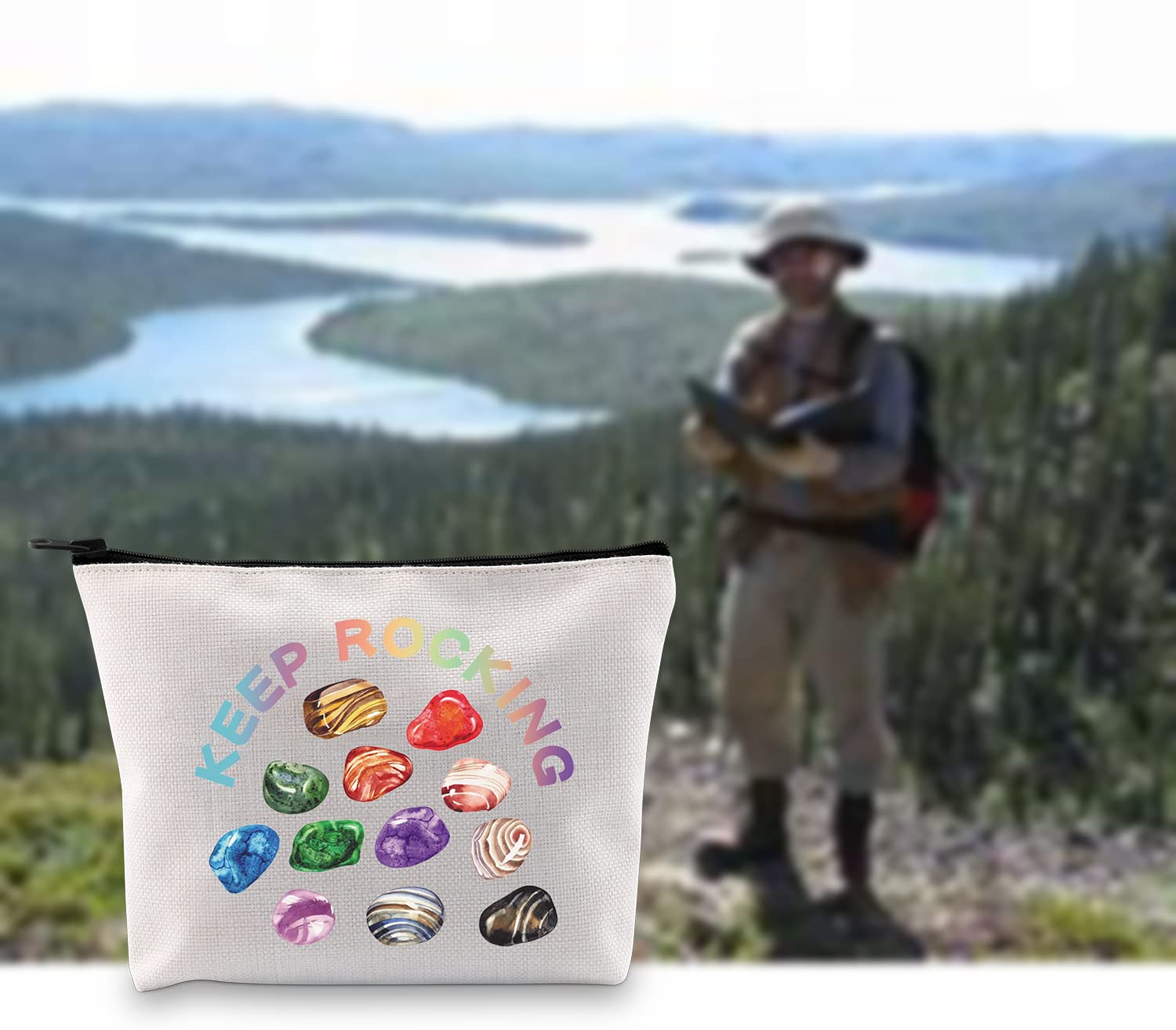 G2TUP Geologist Gift Keep Rocking Makeup Bag Geology Cosmetic Bag Rock Mineral Collector Gift Geology Lover Gift Zipper Travel Bag (Keep Rocking White Bag)