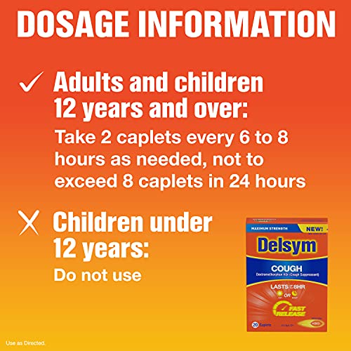 Maximum Strength Delsym Cough Suppressant, Fast Release Caplets, Lasts up to 8 Hour Day or Night, 20 Count