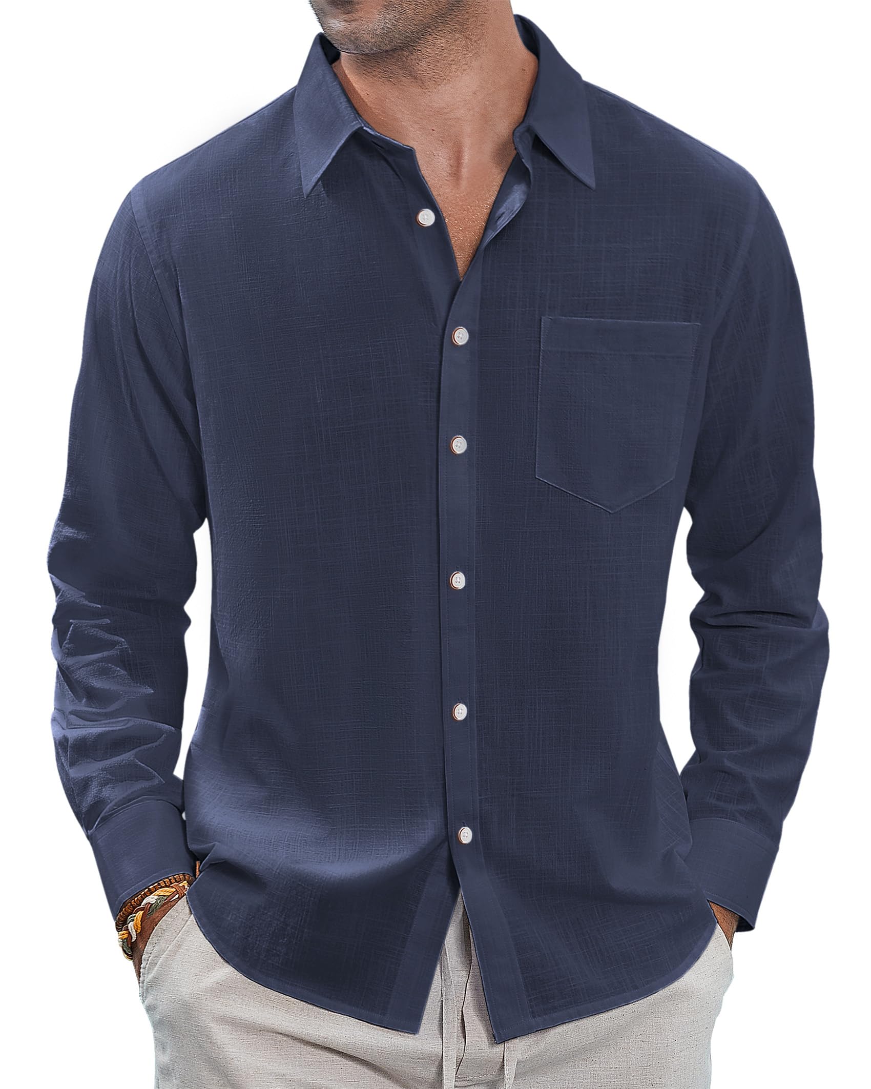 J.VER Men's Casual Button Up Linen Shirts Solid Long Sleeve Work Shirt Loose Fit Vacation Shirts with Pocket Navy Blue X-Large