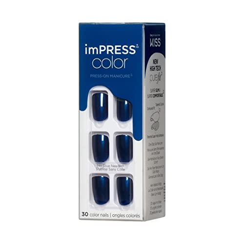 KISS imPRESS Color Press-On Nails, Nail Kit, PureFit Technology, Short Length, “Never Too Navy”, Polish-Free Solid Color Manicure, Includes Prep Pad, Mini Nail File, Cuticle Stick, and 30 Fake Nails