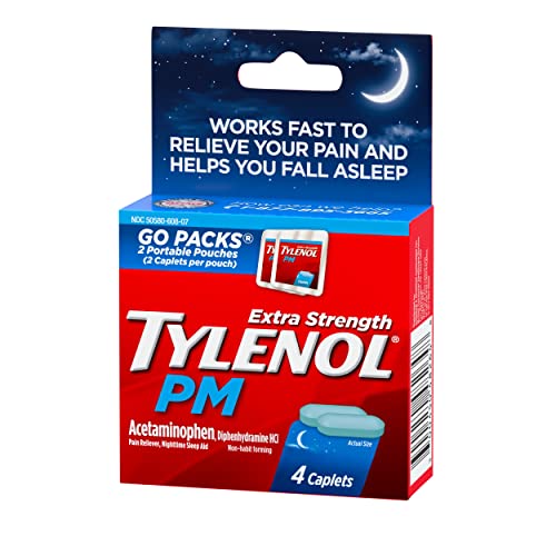 Tylenol PM Extra Strength Nighttime Pain Reliever Sleep Aid Caplets, 500 mg Acetaminophen, 25 mg Diphenhydramine HCl, Relief for Nighttime Aches & Pains, Travel Size, 2 Packs of 2 Caplets