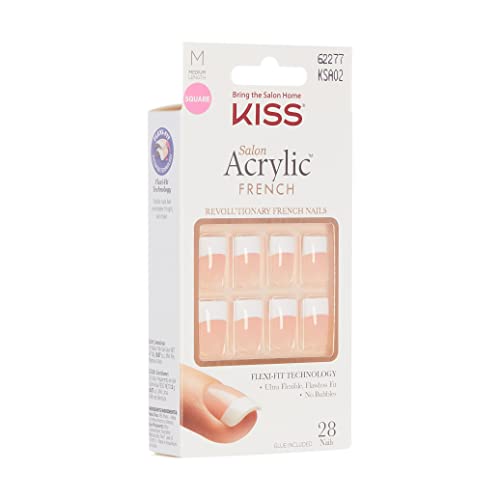 KISS Salon Acrylic French Nail Manicure Set, Medium Length, Square, “ Sugar Rush”, Nail Kit Includes Pink Gel Nail Glue (Net Wt. 2 g / 0.07oz.), Mini File, Manicure Stick, and 28 Fake Nails