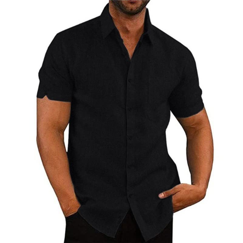 DELCARINO Men's Short Sleeve Button Up Linen Shirts Summer Casual Pocket Beach Shirts Black Small