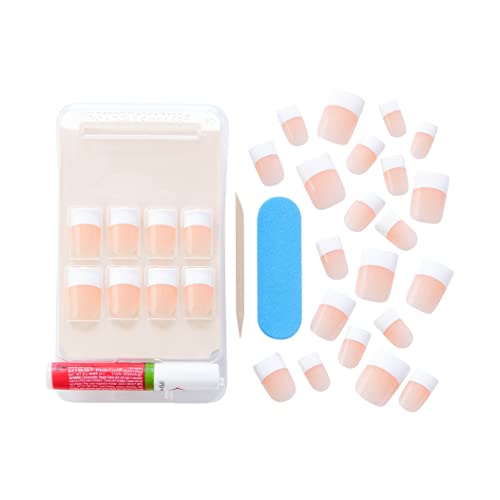 KISS Salon Acrylic French Nail Manicure Set, Medium Length, Square, “ Sugar Rush”, Nail Kit Includes Pink Gel Nail Glue (Net Wt. 2 g / 0.07oz.), Mini File, Manicure Stick, and 28 Fake Nails