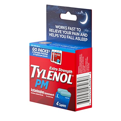 Tylenol PM Extra Strength Nighttime Pain Reliever Sleep Aid Caplets, 500 mg Acetaminophen, 25 mg Diphenhydramine HCl, Relief for Nighttime Aches & Pains, Travel Size, 2 Packs of 2 Caplets