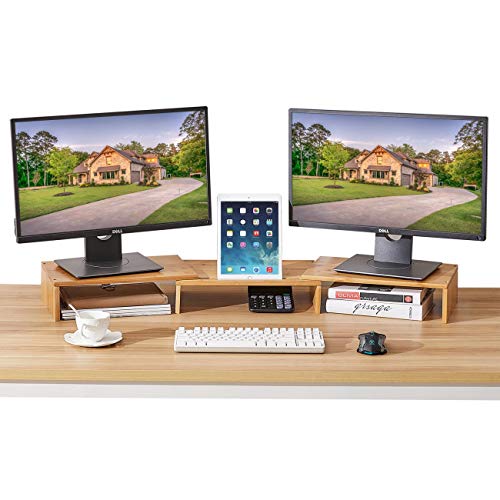 Dual Monitor Stand Riser,3 Shelf Screen Stand with Adjustable Length and Angle,Desktop Stand Storage Organizer for Laptop Computer, TV, PC, Printer, Multi Media Speaker-Bamboo Burlywood by HUVIBE