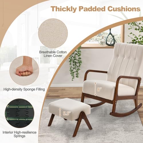 Upholstered Rocking Chair with Ottoman and Solid Rubber Wood Frame and Padded Cushion, Comfortable Rocker Solid Wood for Living Room (Beige)