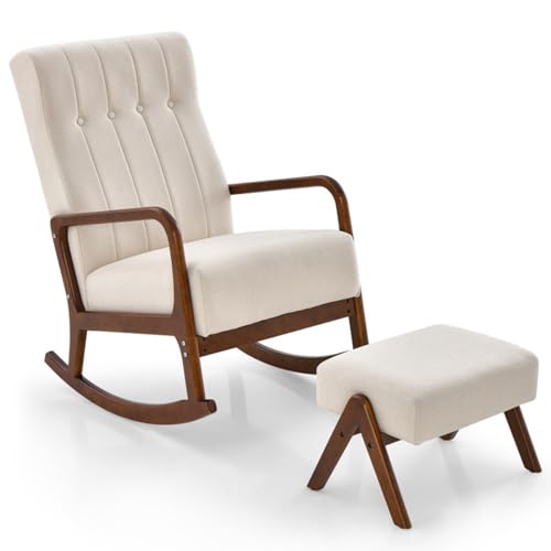 Upholstered Rocking Chair with Ottoman and Solid Rubber Wood Frame and Padded Cushion, Comfortable Rocker Solid Wood for Living Room (Beige)