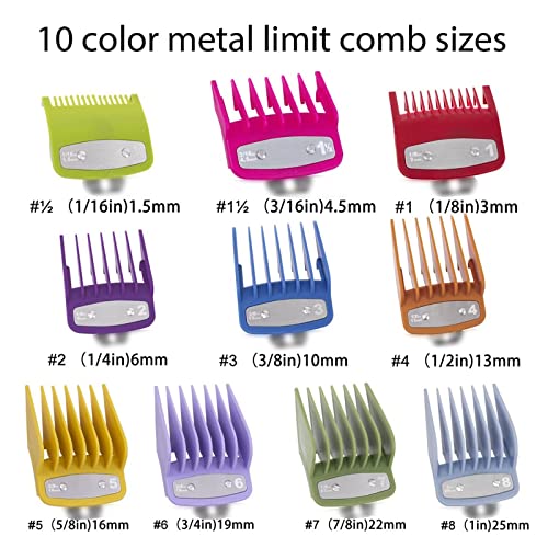 10 Pack Clipper Guards Cutting Guides Compatible with Wahl Clipper with Metal Clip/Color Coded-from 1/16 Inch to 1 Inch(1.5-25mm),Fits All Full Size Compatible with Wahl Clippers