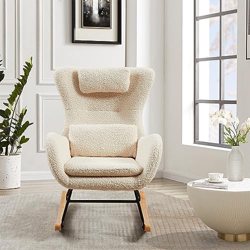 FEELLE Upholstered Nursery Rocking Chair - Comfy Modern Rocking Chair with Padded Seat, High Backrest, and Armrests for Living Room Bedroom Offices (Beige)
