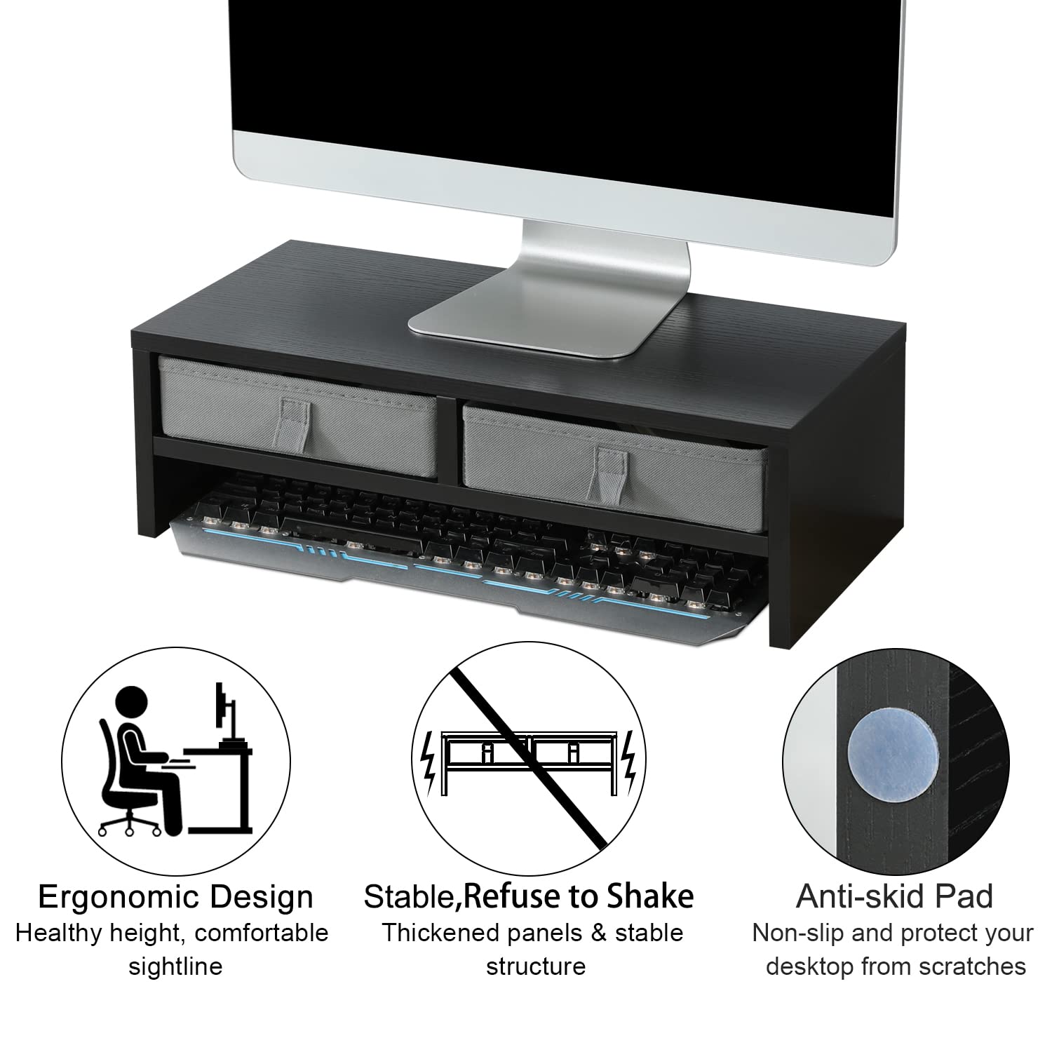 TEAMIX 2 TIer Monitor Stand Riser, 20 inch Monitor Riser with 2 Drawers, Laptop/TV Riser Computer Stand with Keyboard Storage, Desk Organizer for Home Office