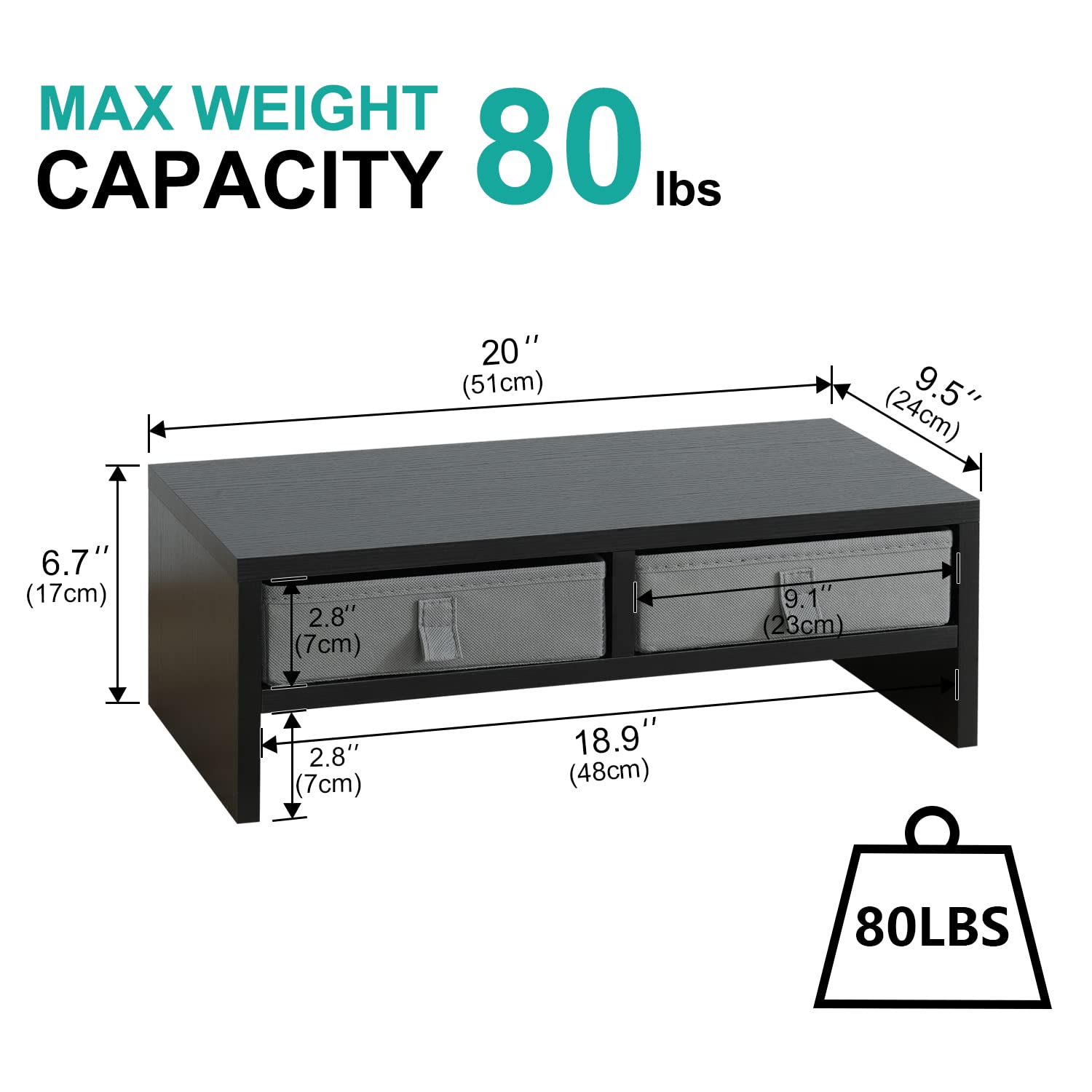TEAMIX 2 TIer Monitor Stand Riser, 20 inch Monitor Riser with 2 Drawers, Laptop/TV Riser Computer Stand with Keyboard Storage, Desk Organizer for Home Office
