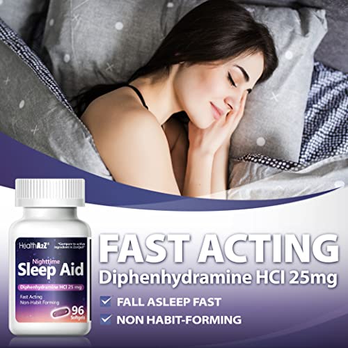 HealthA2Z Nighttime Sleep Aid 96 Softgels | Diphenhydramine HCl | Fast Acting | Non Habit-Forming | Adult Sleeplessness LiquiCaps