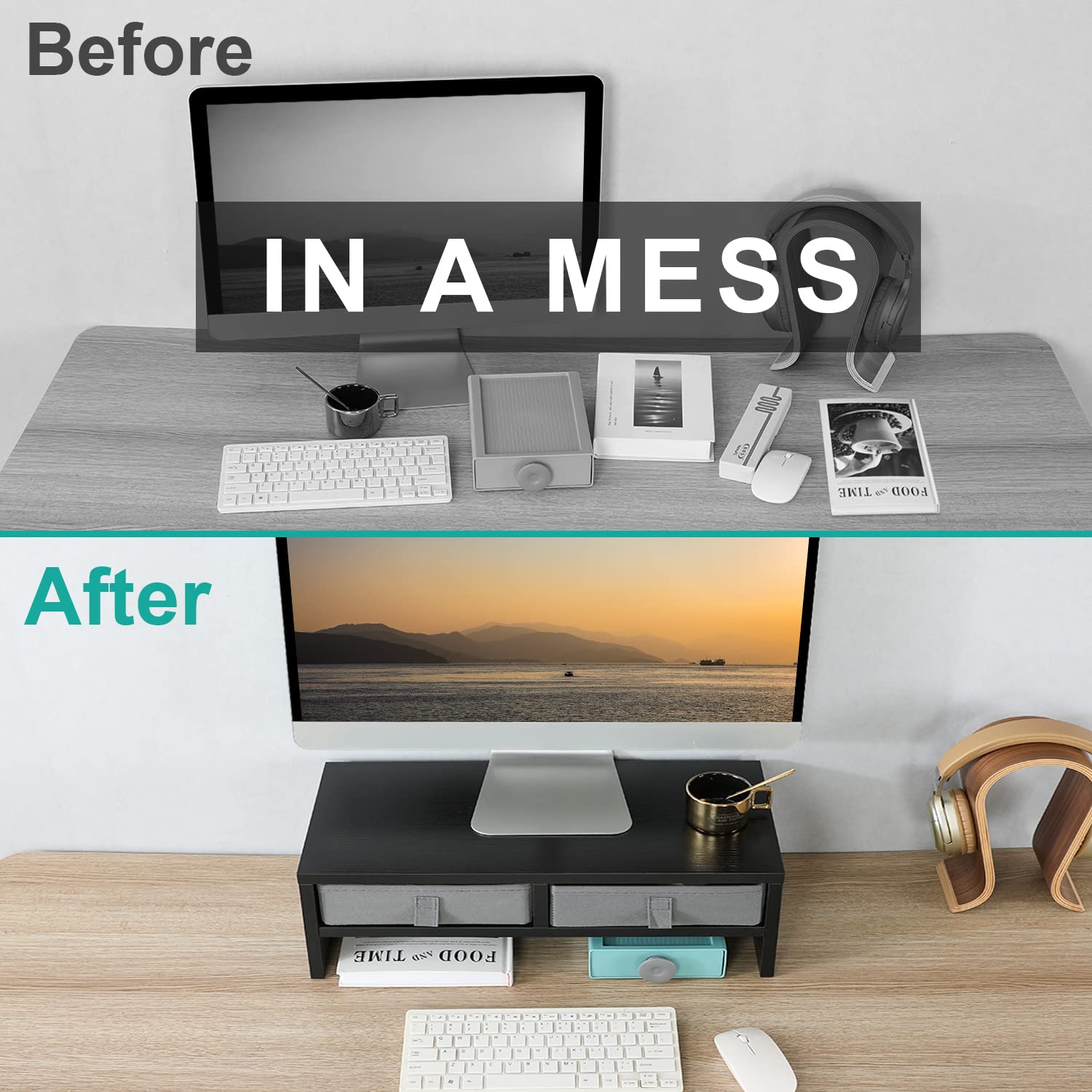 TEAMIX 2 TIer Monitor Stand Riser, 20 inch Monitor Riser with 2 Drawers, Laptop/TV Riser Computer Stand with Keyboard Storage, Desk Organizer for Home Office