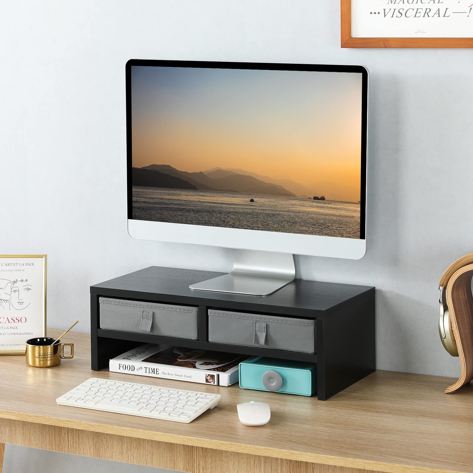TEAMIX 2 TIer Monitor Stand Riser, 20 inch Monitor Riser with 2 Drawers, Laptop/TV Riser Computer Stand with Keyboard Storage, Desk Organizer for Home Office